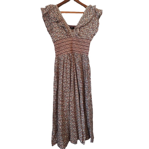 O.P.T. | Dresses | Opt One Pretty Time Boho Smocked Floral Ruffle Maxi ...